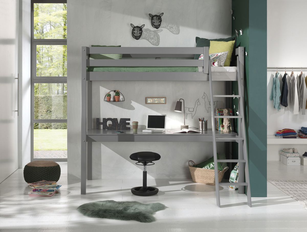 Lit haut Pino avec sommier et bureau - gris - Meubles Crack